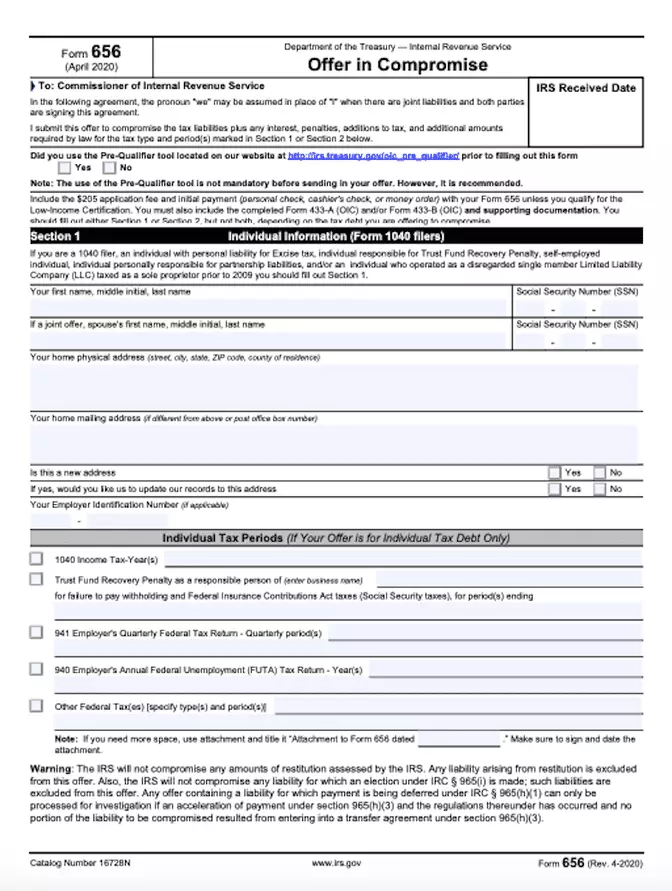 IRS Form 656: Offer am Kompromiss