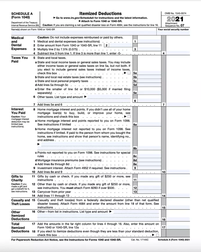 I-Itemized Deductions Form 1040 schedule A 2021